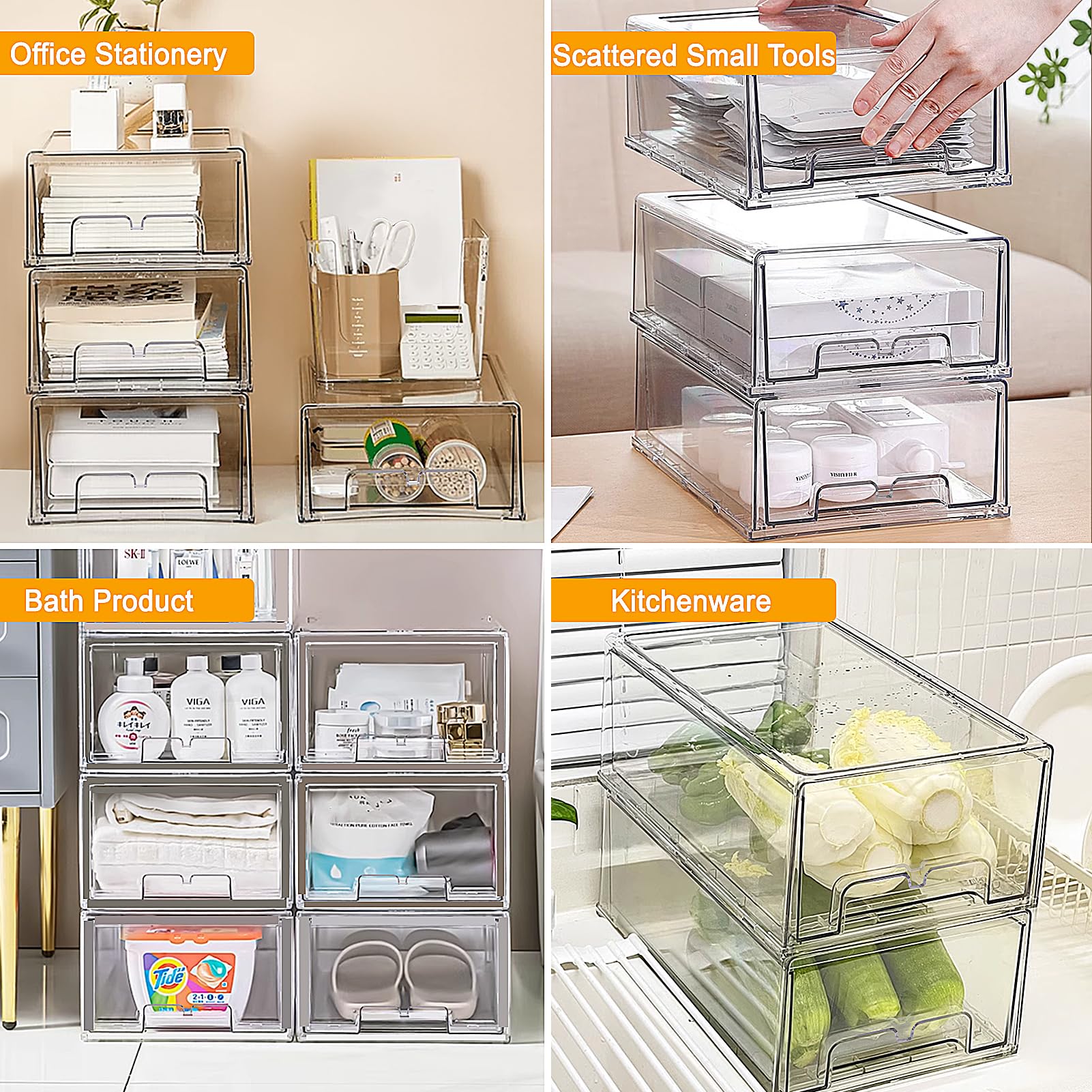 2 Pcs Refrigerator Organizer Bins Pull-Out Drawers, Clear Fridge Drawers, Stackable Fridge Organizer Drawers, Food Storage Containers for Fruit & Vegetables, for Kitchen, Freezers, Storage Rooms