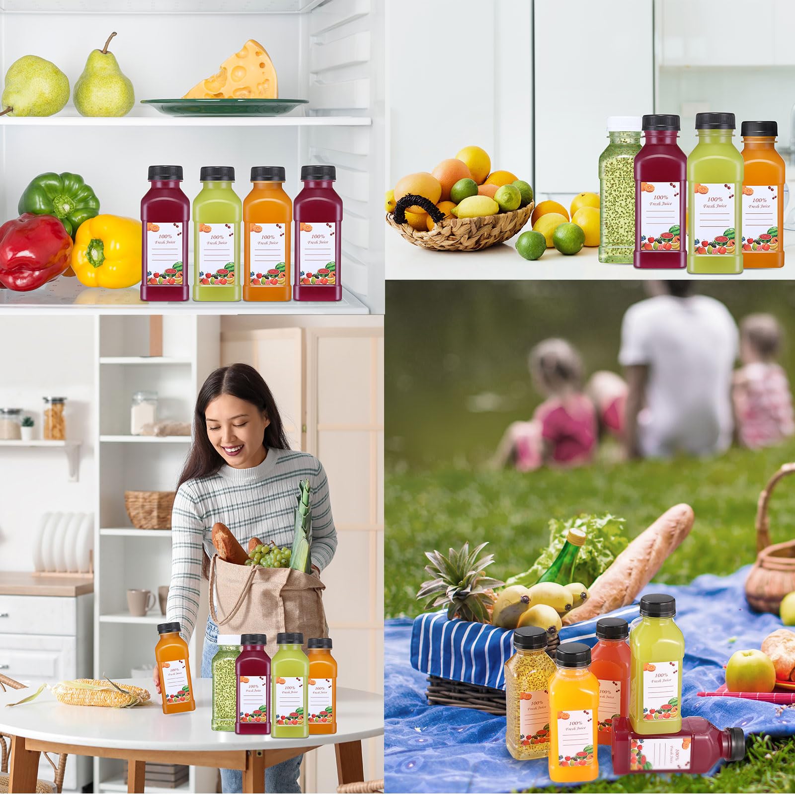 LIYAR 12oz Plastic Bottles with Caps 35 Pack Juice Bottles Reusable Juice Containers Leak-Proof Smoothie bottle with Labels for Drinking,Juicing,Milk,Water(White Lids+Black Lids)