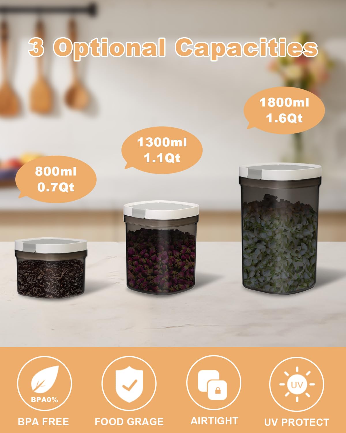 LANGMINGDE Airtight Coffee Storage Container, 1.1QT/1300ML Plastic Kitchen Canister with Lid for Coffee bean, Flour, Sugar, Cereal, BPA Free