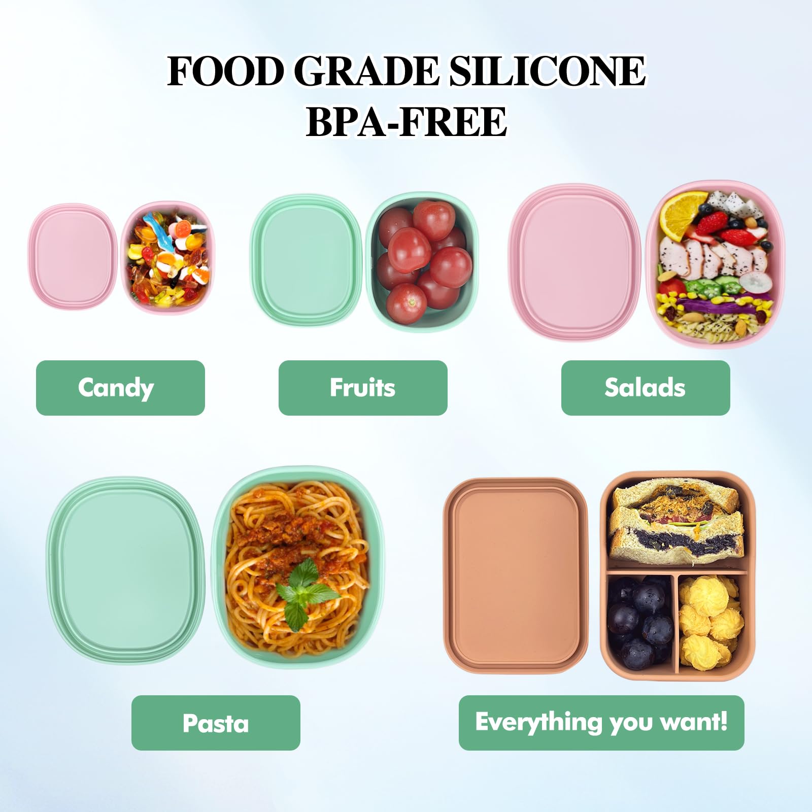 Anatole Silicone Bento Box 5 Pcs/Set Nesting Food Storage Containers with Lids Leak-Proof Reusable School Lunch Container BPA Free Microwave Dishwasher Freezer Oven Safe for Kids Adults