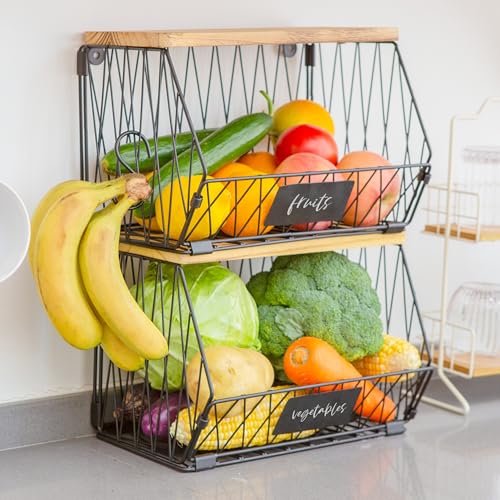 PERFNIQUE Fruit Basket, Wall Mounted Kitchen Baskets for Storage, 2PCS Stackable Fruit Holder with Wooden Lid, Vegetable Baskets for Kitchen, Hanging Metal Wire Baskets (Black, M & M)