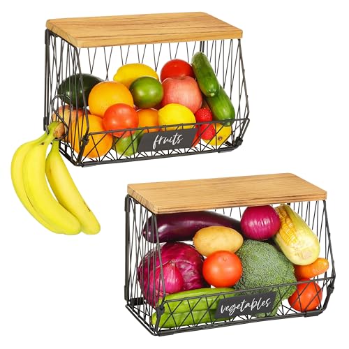 PERFNIQUE Fruit Basket, Wall Mounted Kitchen Baskets for Storage, 2PCS Stackable Fruit Holder with Wooden Lid, Vegetable Baskets for Kitchen, Hanging Metal Wire Baskets (Black, M & M)