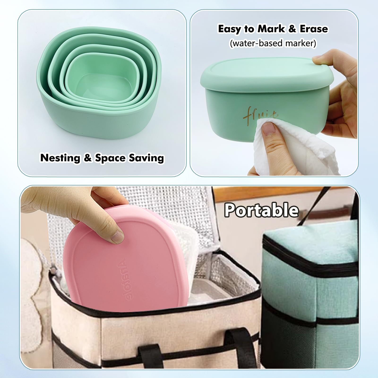 Anatole Silicone Bento Box 5 Pcs/Set Nesting Food Storage Containers with Lids Leak-Proof Reusable School Lunch Container BPA Free Microwave Dishwasher Freezer Oven Safe for Kids Adults