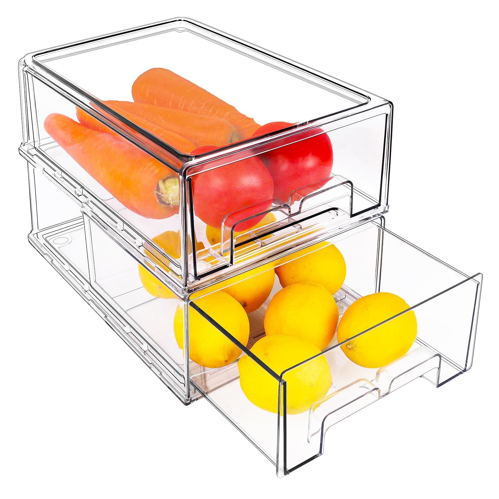 2 Pcs Refrigerator Organizer Bins Pull-Out Drawers, Clear Fridge Drawers, Stackable Fridge Organizer Drawers, Food Storage Containers for Fruit & Vegetables, for Kitchen, Freezers, Storage Rooms