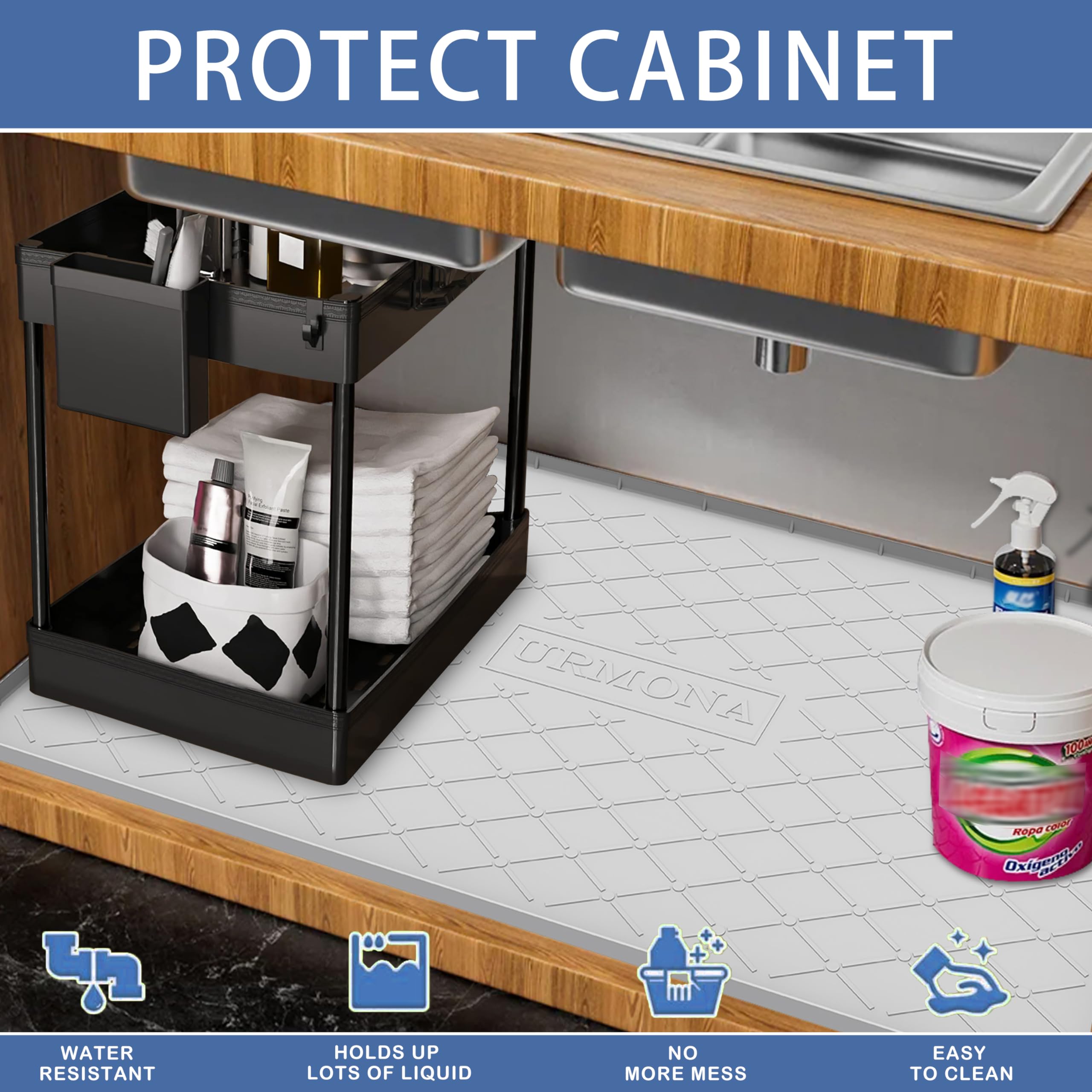 URMONA Under Sink Mat for Kitchen Waterproof, 40" x 22" Silicone Under Sink Mat for Shelf Liner Organizer, Cabinet Sink Protector Under Sink Liner for Bottom Kitchen, Bathroom(Black)
