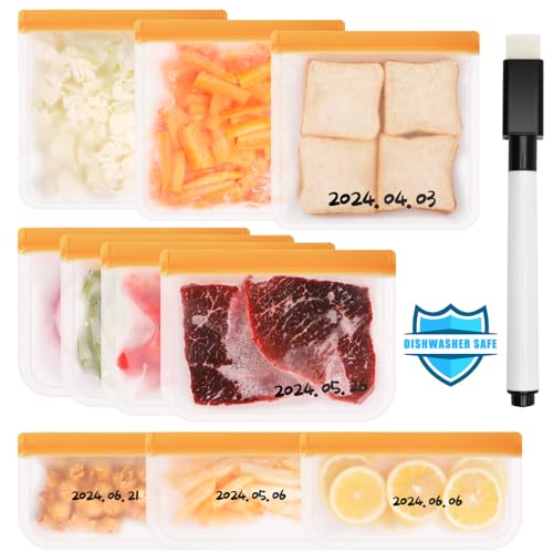 BPA Free Freezer Bags Reusable, Gallon Freezer Bags Silicone, Extra Thick Leakproof Reusable Freezer Bags Silicone and Plastic Free Lunch Bags Food Storage (10 Pack)
