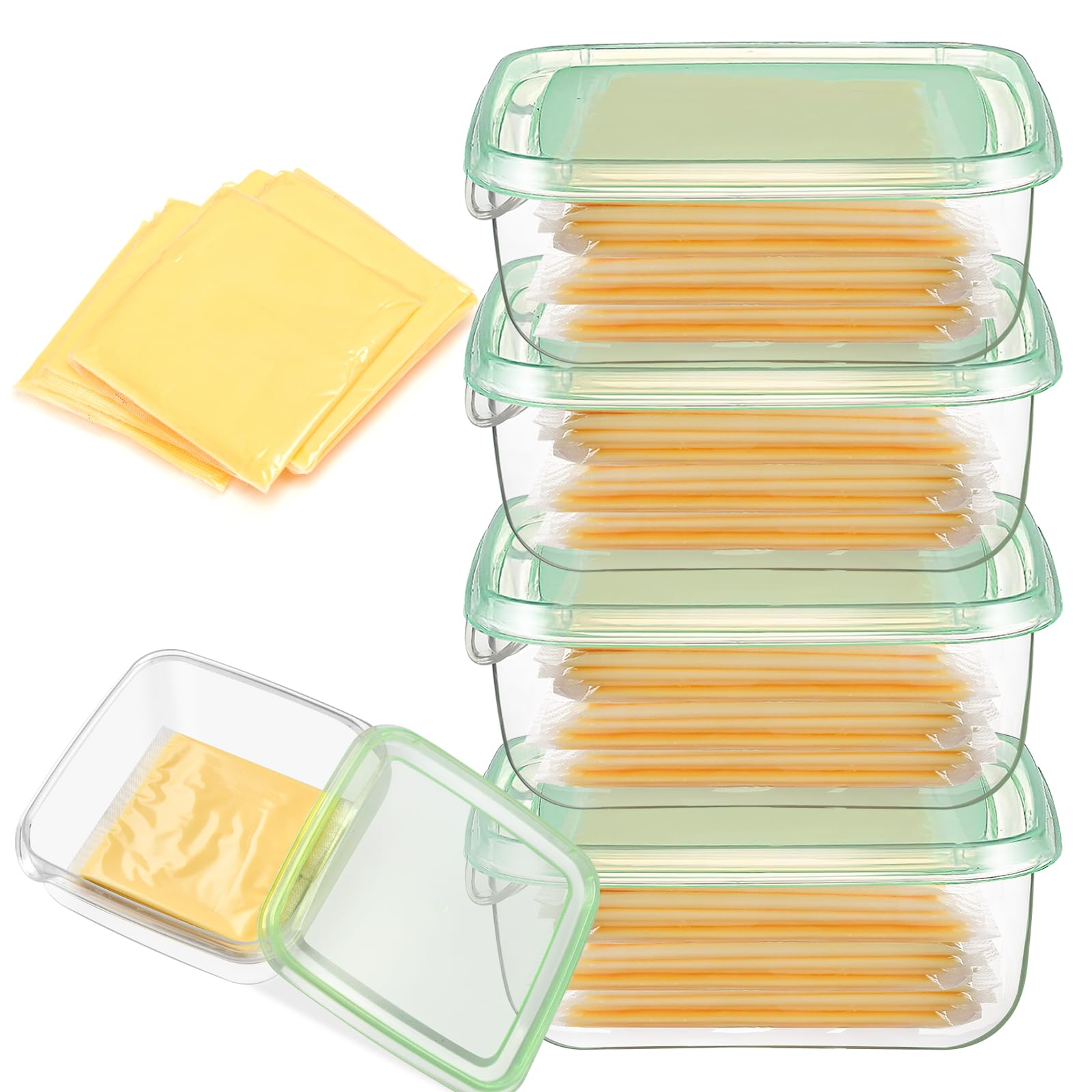 Akamino 4 Pack Sliced Cheese Container for Fridge, Butter Block Cheese slicer Holder with Lids, Airtight Plastic Storage Box for Keeps Deli Cheese Fresh Longer