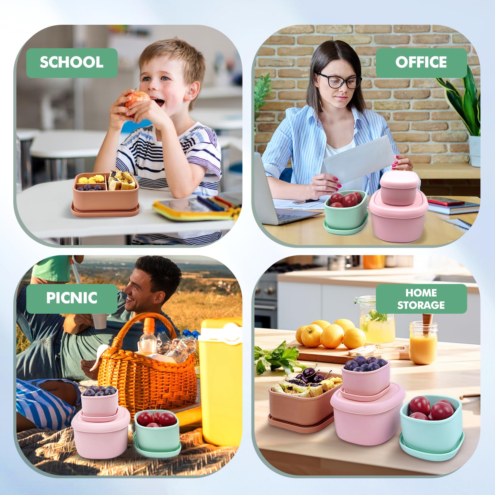 Anatole Silicone Bento Box 5 Pcs/Set Nesting Food Storage Containers with Lids Leak-Proof Reusable School Lunch Container BPA Free Microwave Dishwasher Freezer Oven Safe for Kids Adults