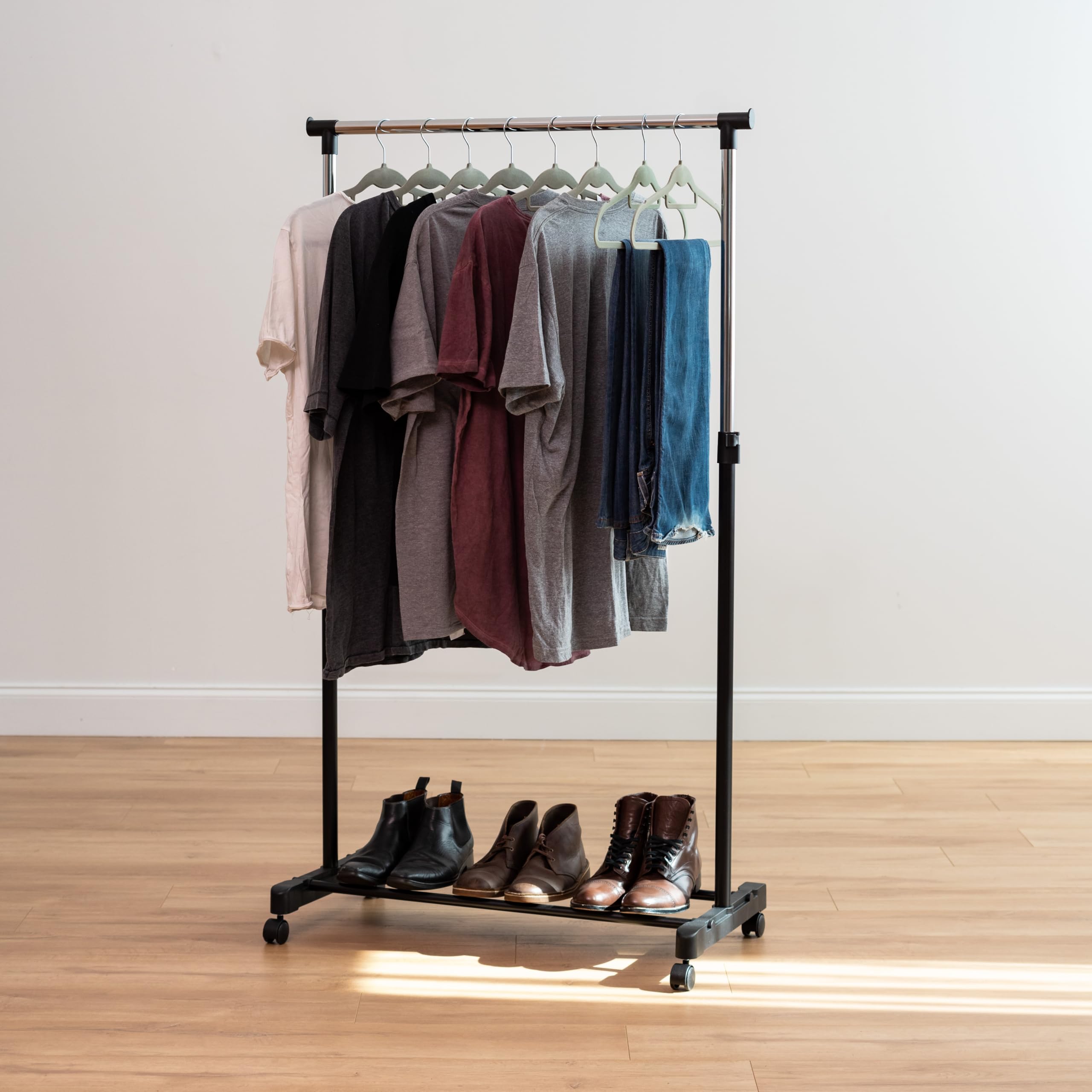 IRIS USA Portable Single-Rod Height Adjustable Clothes Rack with Lockable Wheels, Rolling Garment, Sigle Rod Wardrobe Rack, Easy Assemble, for Clothes, Belts, Shoes, and Bags
