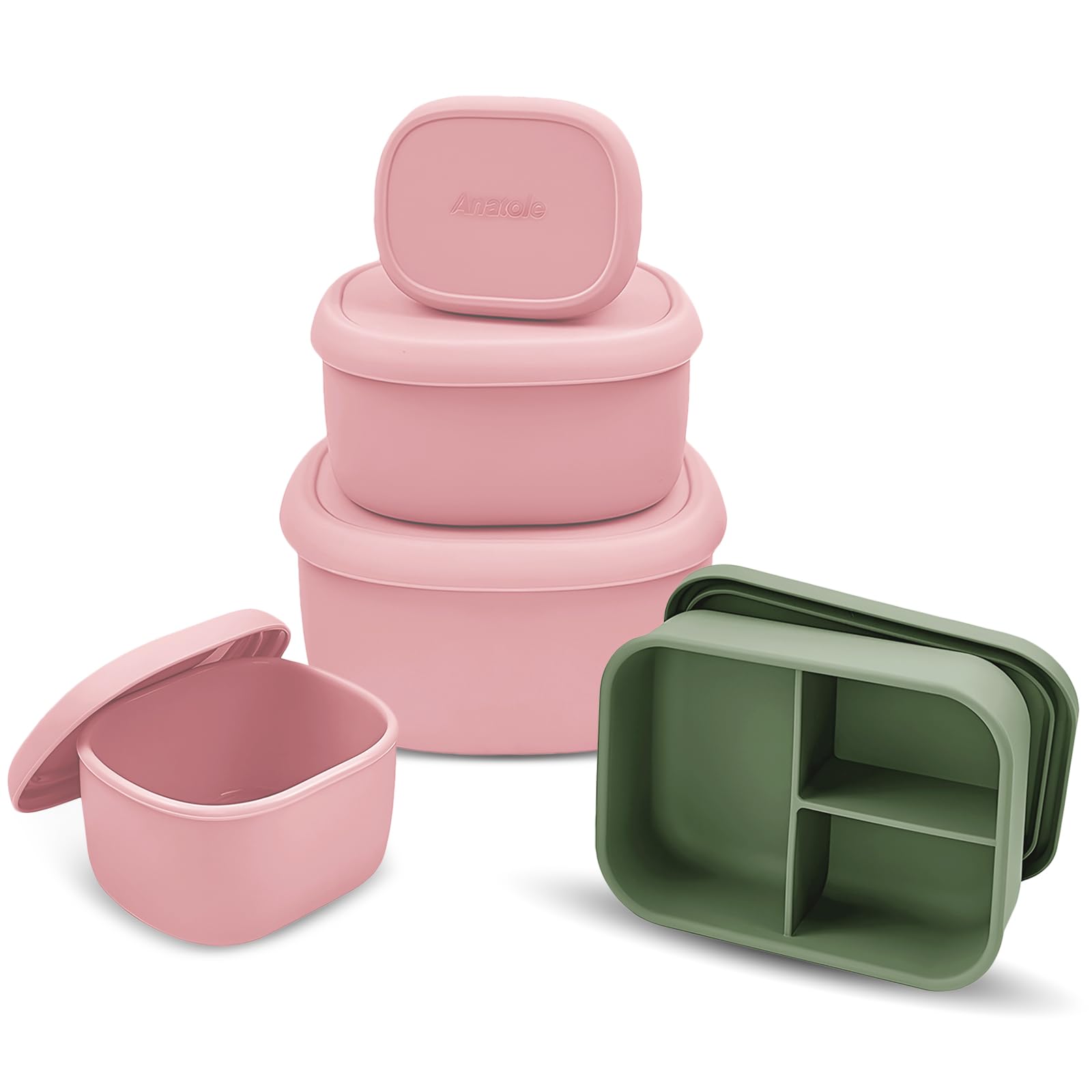 Anatole Silicone Bento Box 5 Pcs/Set Nesting Food Storage Containers with Lids Leak-Proof Reusable School Lunch Container BPA Free Microwave Dishwasher Freezer Oven Safe for Kids Adults