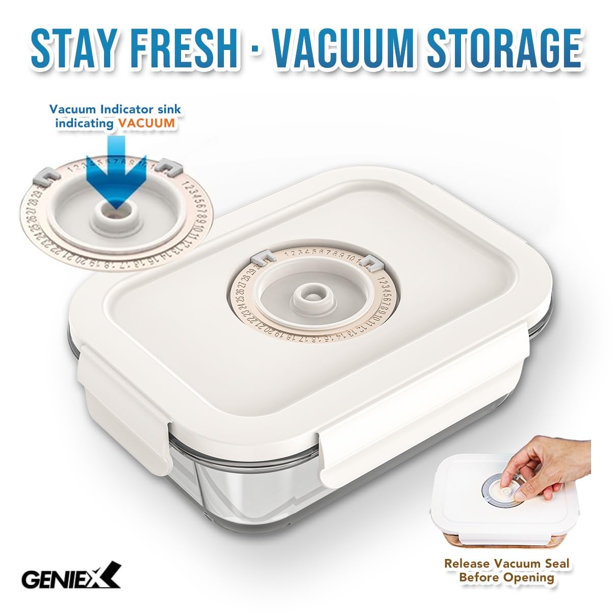 GENIEX Vacuum Containers for Food Storage, Glass Vacuum Seal Containers Set of 3, Food Saver Containers for Vacuum Seal, Easy Clean Marinade container (Rectangular-Glass-3pc | Sealer sold separately)