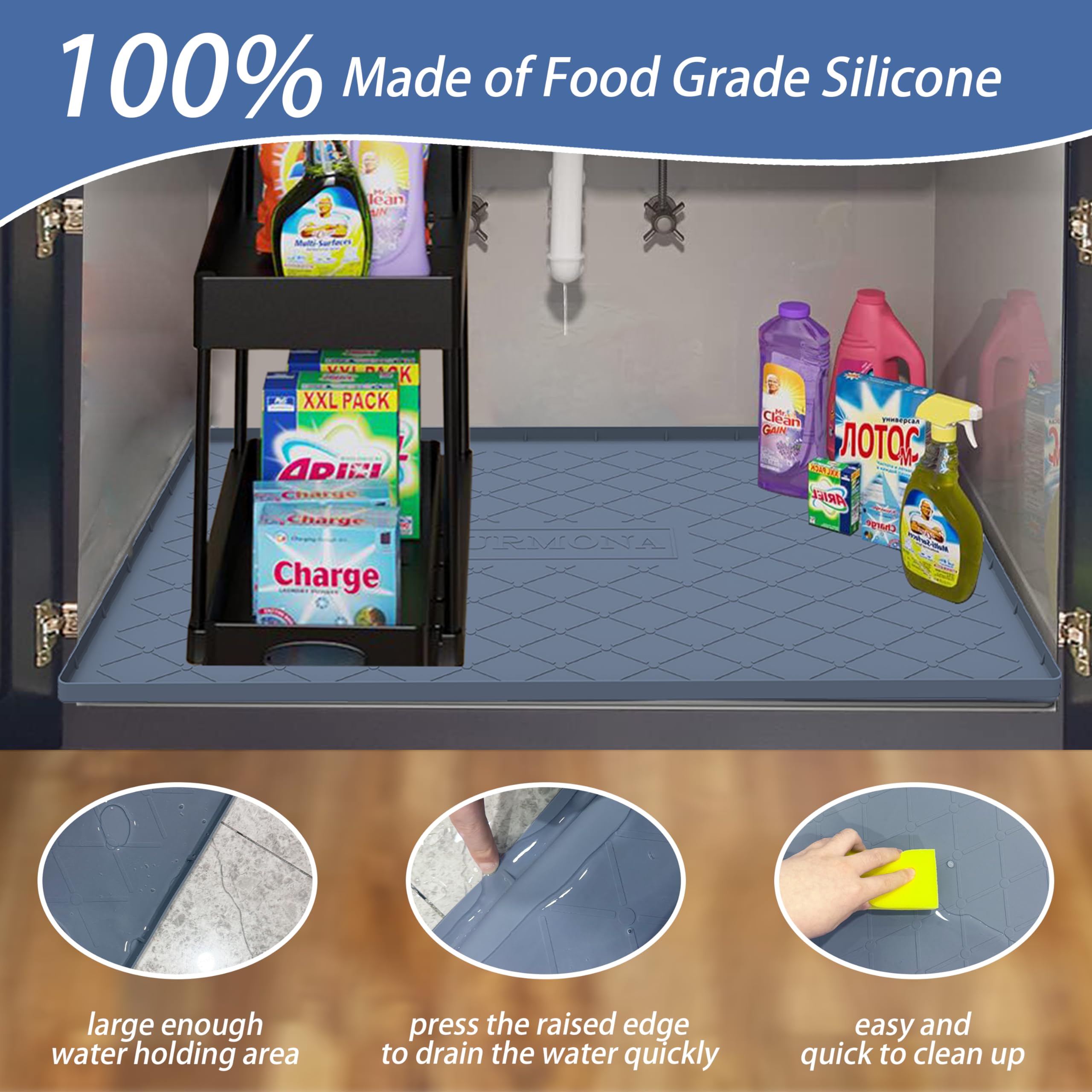 URMONA Under Sink Mat for Kitchen Waterproof, 40" x 22" Silicone Under Sink Mat for Shelf Liner Organizer, Cabinet Sink Protector Under Sink Liner for Bottom Kitchen, Bathroom(Black)