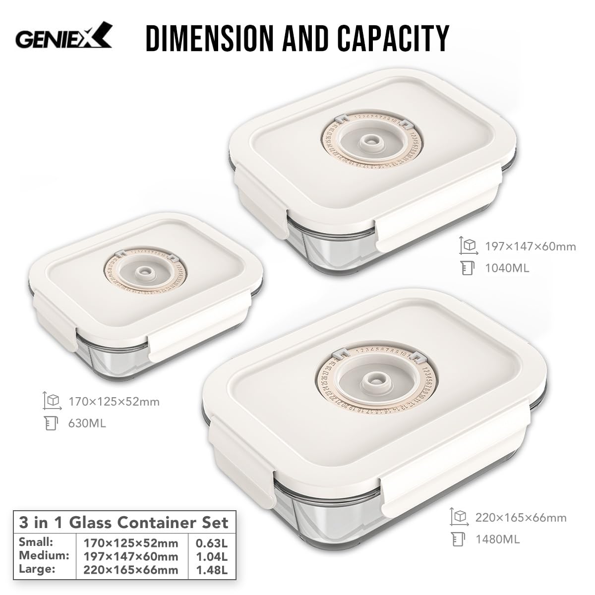 GENIEX Vacuum Containers for Food Storage, Glass Vacuum Seal Containers Set of 3, Food Saver Containers for Vacuum Seal, Easy Clean Marinade container (Rectangular-Glass-3pc | Sealer sold separately)