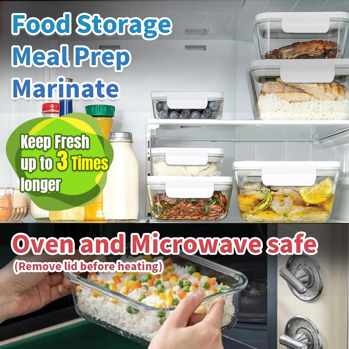 GENIEX Vacuum Containers for Food Storage, Glass Vacuum Seal Containers Set of 3, Food Saver Containers for Vacuum Seal, Easy Clean Marinade container (Rectangular-Glass-3pc | Sealer sold separately)