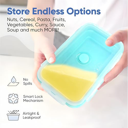 bryantye Set of 4 Collapsible Silicone Food Storage Containers with Lids, Foldable Meal Prep Sets, BPA Free Silicone Bento Lunch Boxes for Kitchen and Camping, Dishwaser Safe, Blue