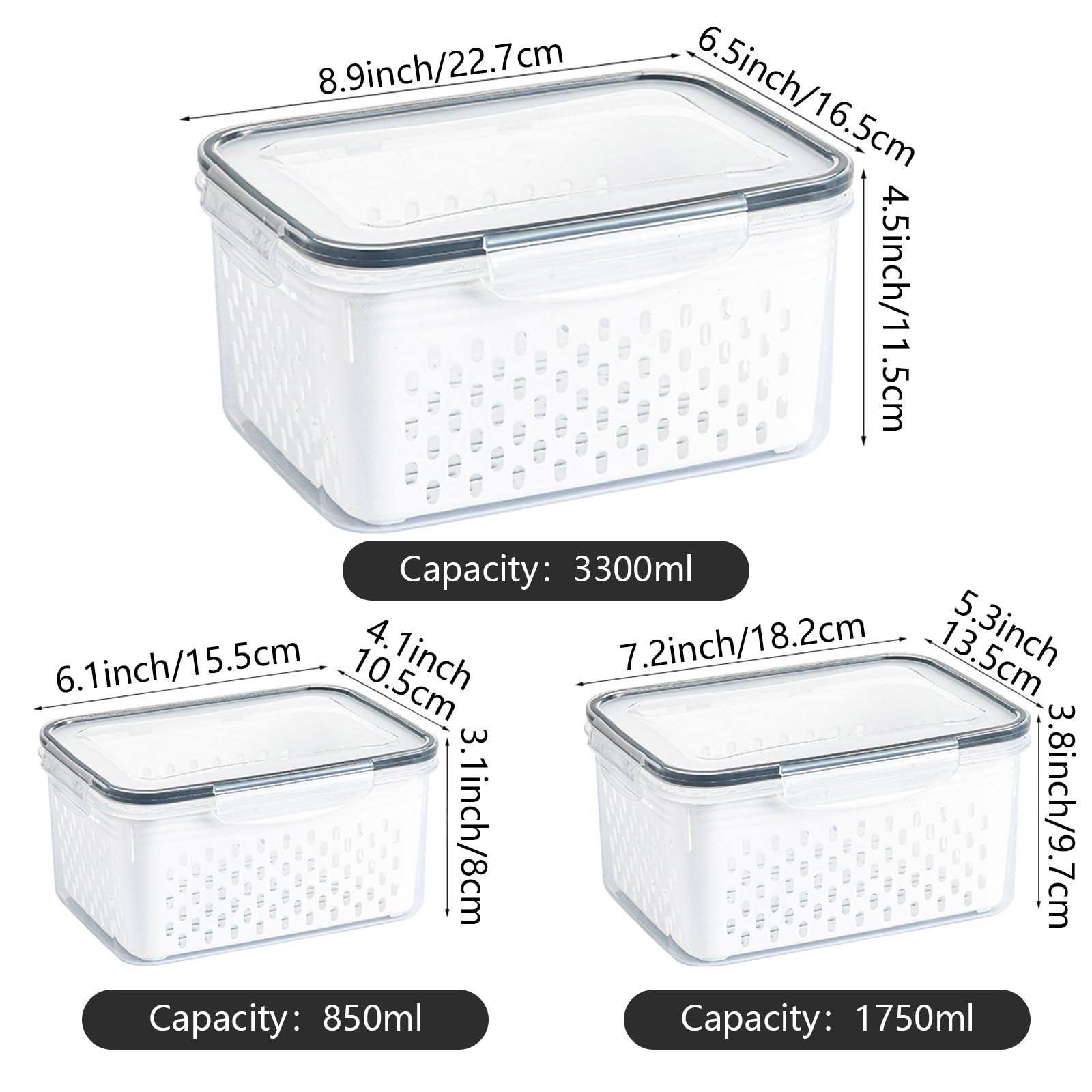 Lizbin 3 PCS Fruit Storage Containers for Fridge with Removable Colander, Leak proof Food Storage Containers, Airtight Food Storage Containers, Food Storage Containers with Lids, Keep Food Meat Fresh