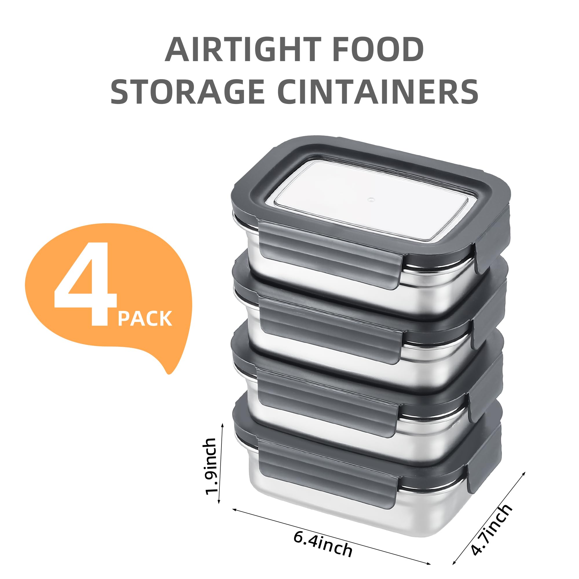 BEFOY 4PCS Stainless Steel Food Storage Container with Lids Leak Proof & Airtight for Kitchen Meal Prep freezer Rectangular,Reusable & Stackable Freezer Fridge Oven Dishwasher Safe (650 * 4)