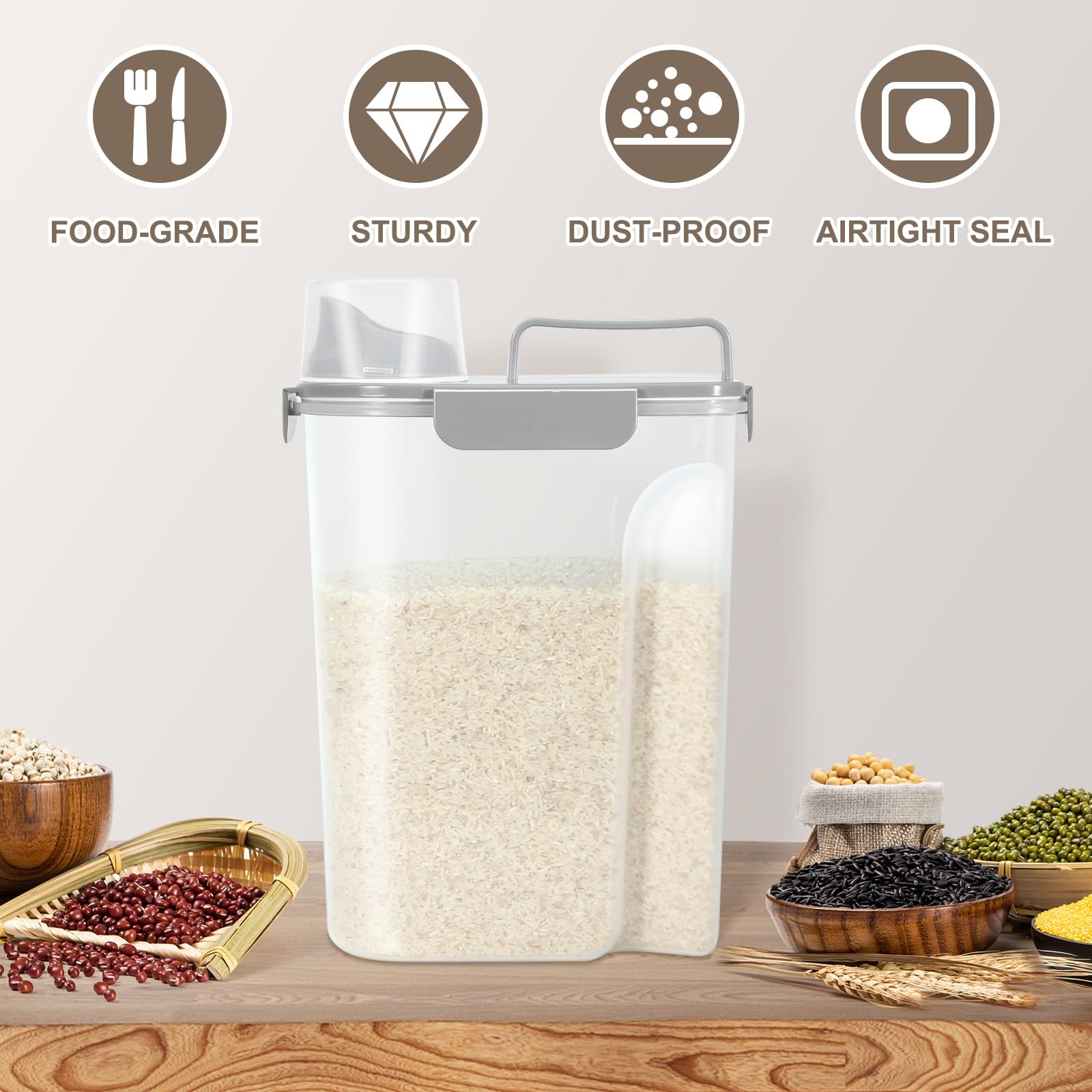 TBMax Rice Container 10 Lbs Kitchen Pantry Food Storage Container, Small Pet Dog Cat Food Container Dispenser 6 Lbs, Plastic Rice Cereal Flour Holder with Cup for Dry Food Storage Organization