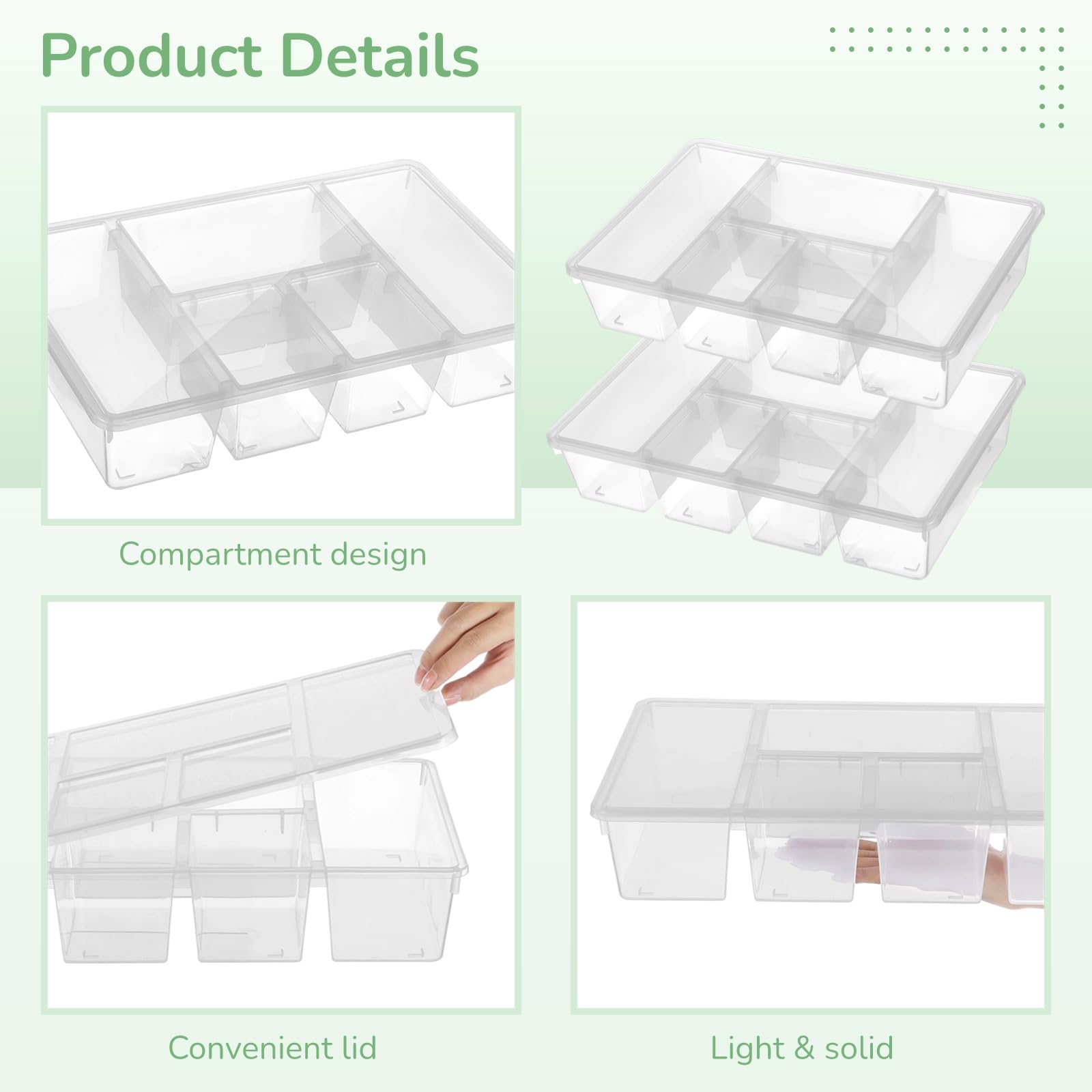 Tideme 2 Pack Divided Veggie Tray with Lid - 5 Compartment Snackle Box Containers for Fridge, Clear Refrigerator Vegetable Food Storage Plastic Organizer Bins for Snack, Fruit, Vegetable, Salad, Meat