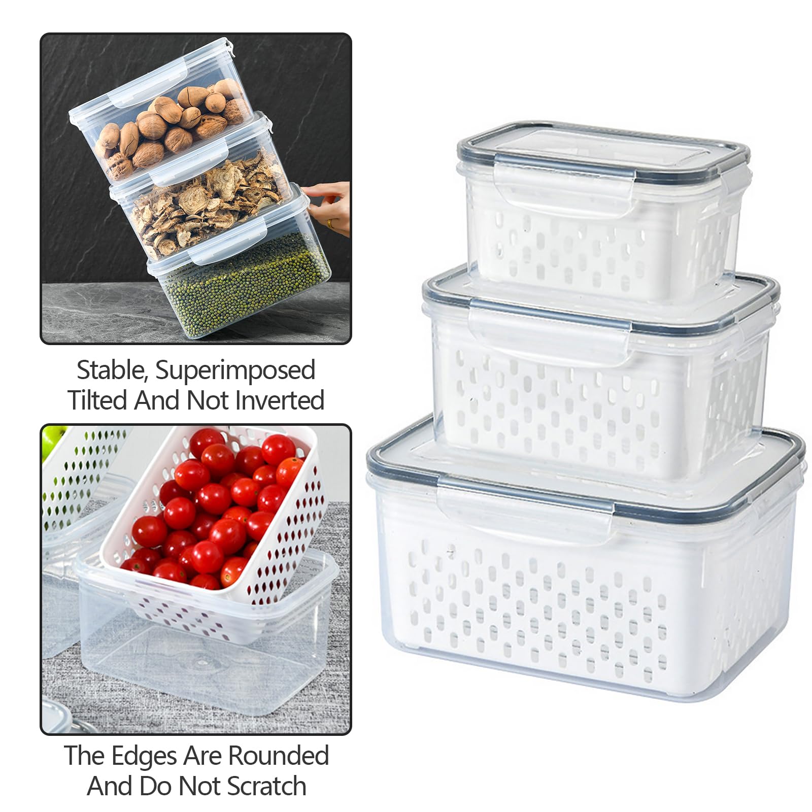 Lizbin 3 PCS Fruit Storage Containers for Fridge with Removable Colander, Leak proof Food Storage Containers, Airtight Food Storage Containers, Food Storage Containers with Lids, Keep Food Meat Fresh