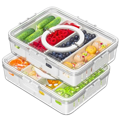 NestOrganix 2 Pack Snackle Box Container Serving Tray, Portable Snack Tray with Lid & Handle, Refrigerator Organize Box for Vegetable Fruit Candy (4 Compartments)