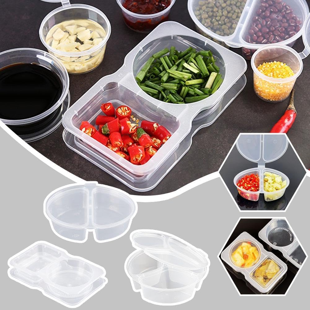 Double Condiment Containers with Lids, Double Compartment Condiment Container, Disposable Containers Double Compartment Snack Containers for to-go Sauce, Sampling, Travel Snack (Style B, 50PCS)