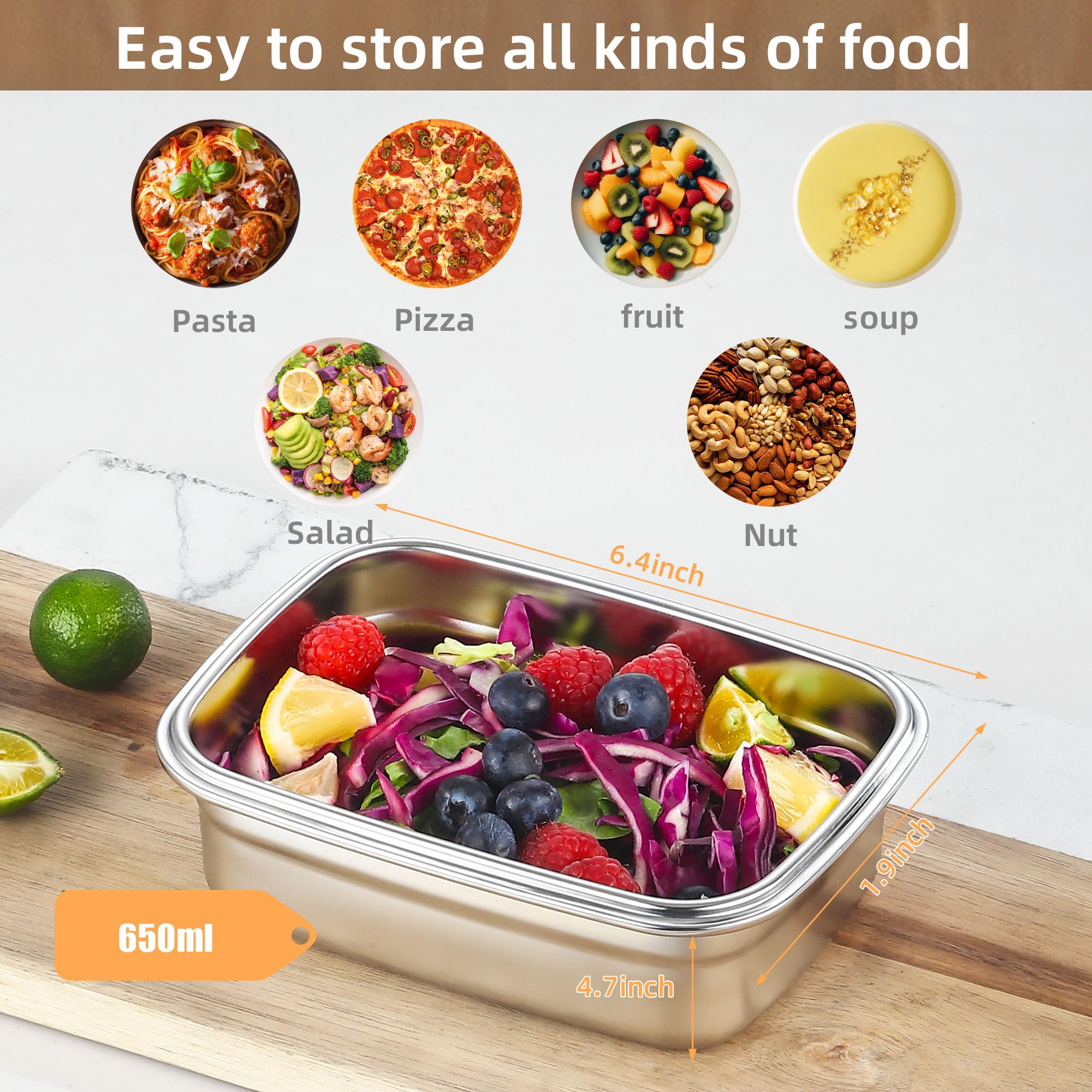 BEFOY 4PCS Stainless Steel Food Storage Container with Lids Leak Proof & Airtight for Kitchen Meal Prep freezer Rectangular,Reusable & Stackable Freezer Fridge Oven Dishwasher Safe (650 * 4)