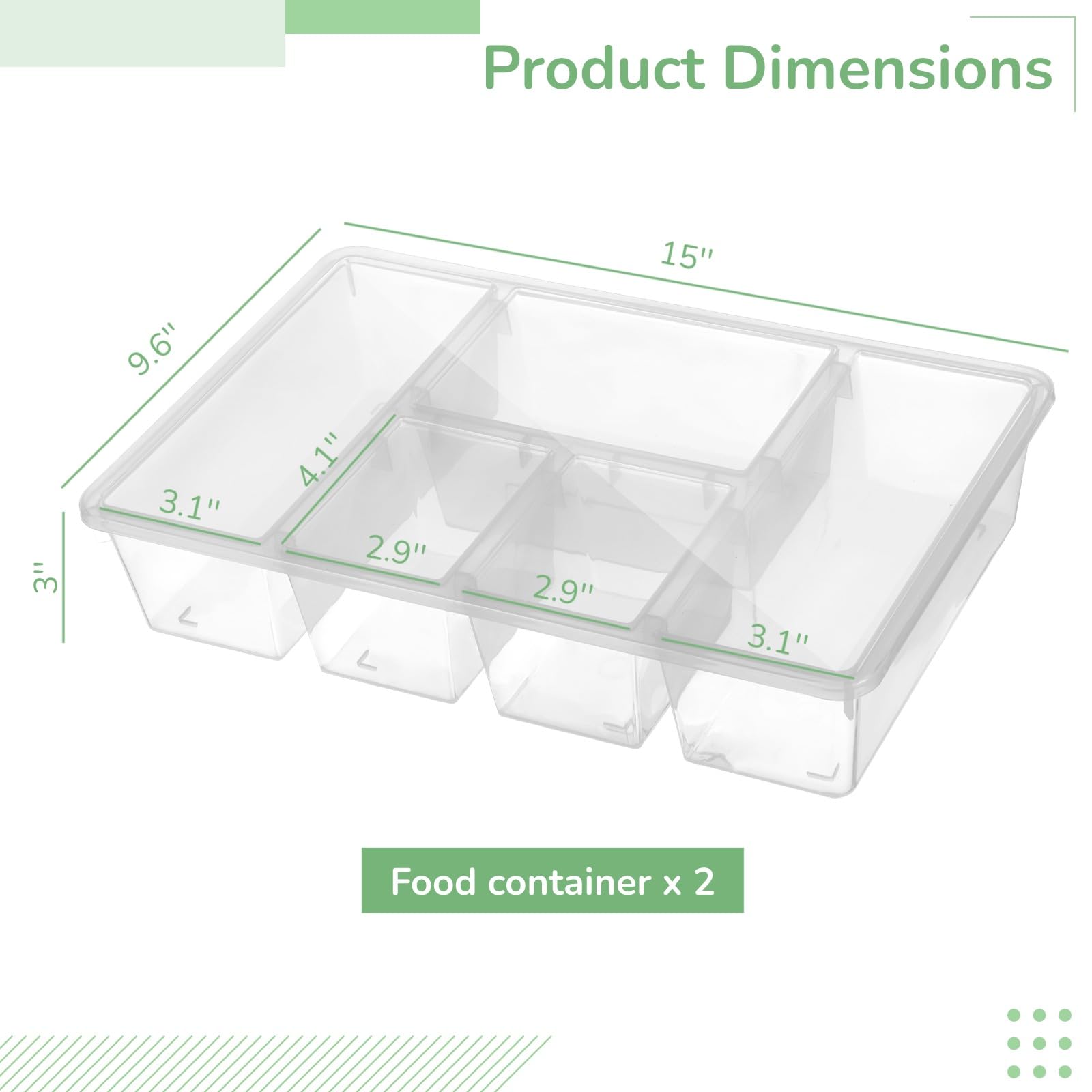 Tideme 2 Pack Divided Veggie Tray with Lid - 5 Compartment Snackle Box Containers for Fridge, Clear Refrigerator Vegetable Food Storage Plastic Organizer Bins for Snack, Fruit, Vegetable, Salad, Meat