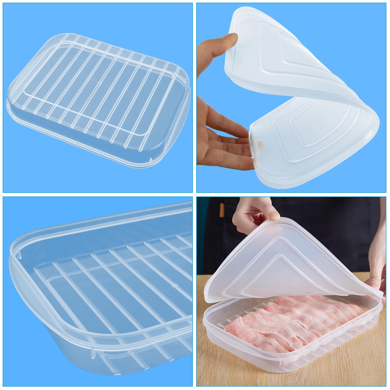 SHUESS 6 Pack Bacon Keeper for Refrigerator, Plastic Deli Meat Saver with Lids Airtight, Cold Cuts Storage Containers for Fridge, Food Shallow Low Christmas Cookie Holder with 3 Pcs Serving Tongs