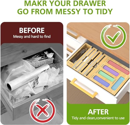 Lawmoliw Bag Storage Organizer for Kitchen Drawer, 9 in 1 Foil and Plastic Wrap Dispenser with Cutter, Bamboo Plastic Bag Food Baggie Organizer for Gallon, Quart, Sandwich, Snack, Freezer