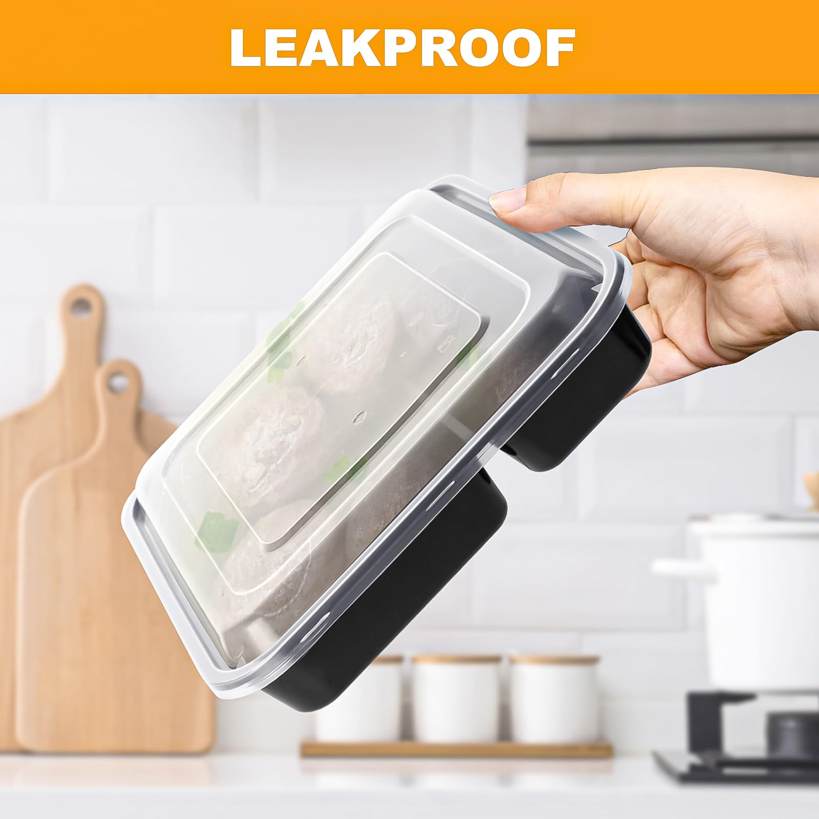 50 PACK, 32 oz. Meal Prep 3 Compartment Containers, Extra Large & Thick Food Storage Containers with Lids - BPA Free Stackable Microwavable & Dishwasher Safe, Travel, To Go, Bento Box, Black