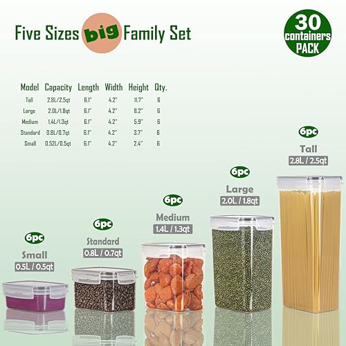 30 Pack Food Storage Containers with Lids Airtight, Kitchen Pantry Organizers and Storage for Cereal Flour Sugar Pasta Snacks, Clear Plastic BPA Free Dry Food Canisters with Labels & Measuring Spoons