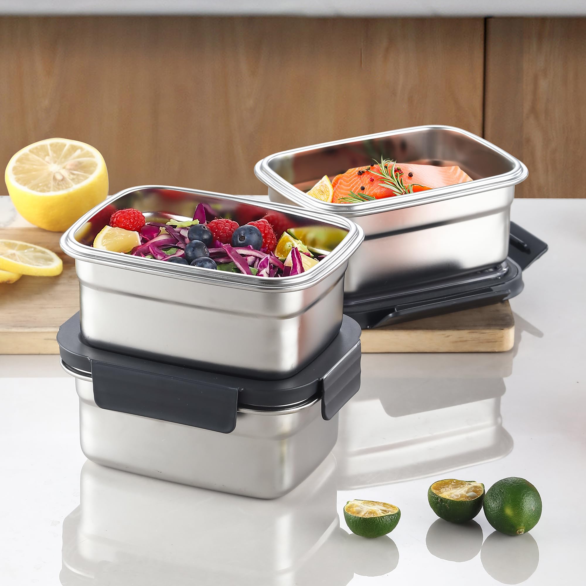 BEFOY 4PCS Stainless Steel Food Storage Container with Lids Leak Proof & Airtight for Kitchen Meal Prep freezer Rectangular,Reusable & Stackable Freezer Fridge Oven Dishwasher Safe (650 * 4)