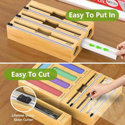 Lawmoliw Bag Storage Organizer for Kitchen Drawer, 9 in 1 Foil and Plastic Wrap Dispenser with Cutter, Bamboo Plastic Bag Food Baggie Organizer for Gallon, Quart, Sandwich, Snack, Freezer