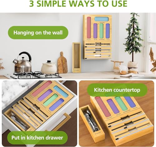 Lawmoliw Bag Storage Organizer for Kitchen Drawer, 9 in 1 Foil and Plastic Wrap Dispenser with Cutter, Bamboo Plastic Bag Food Baggie Organizer for Gallon, Quart, Sandwich, Snack, Freezer