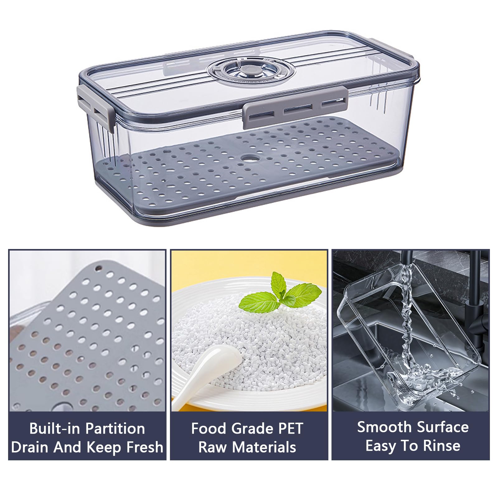 Dafape Refrigerator Organizer, Food Storage Container with Freshness Timer Lid Drain Tray Storage Bins for Fruits Vegetable Meat Dumpling Kitchen Fridge Plastic Reusable Stackable Non-Slip (Gray)