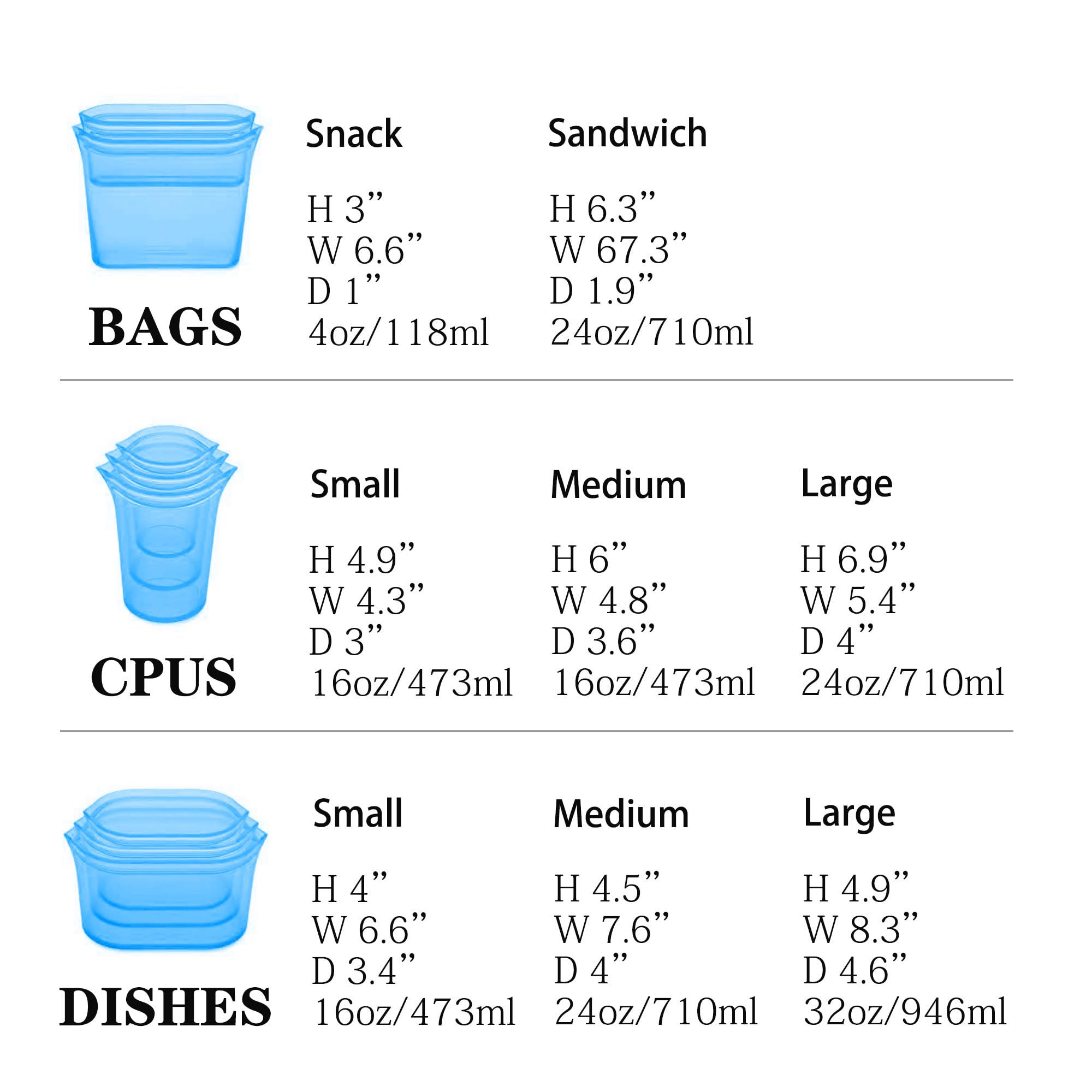 Ami.Todfo Reusable Food Storage Bag 100% Silicone Meal Prep Container Microwave Freezer and Dishwasher Safe Leak-free Bundle 8-Pack Bowls 8 Bag Set Sandwich Snack (Blue)