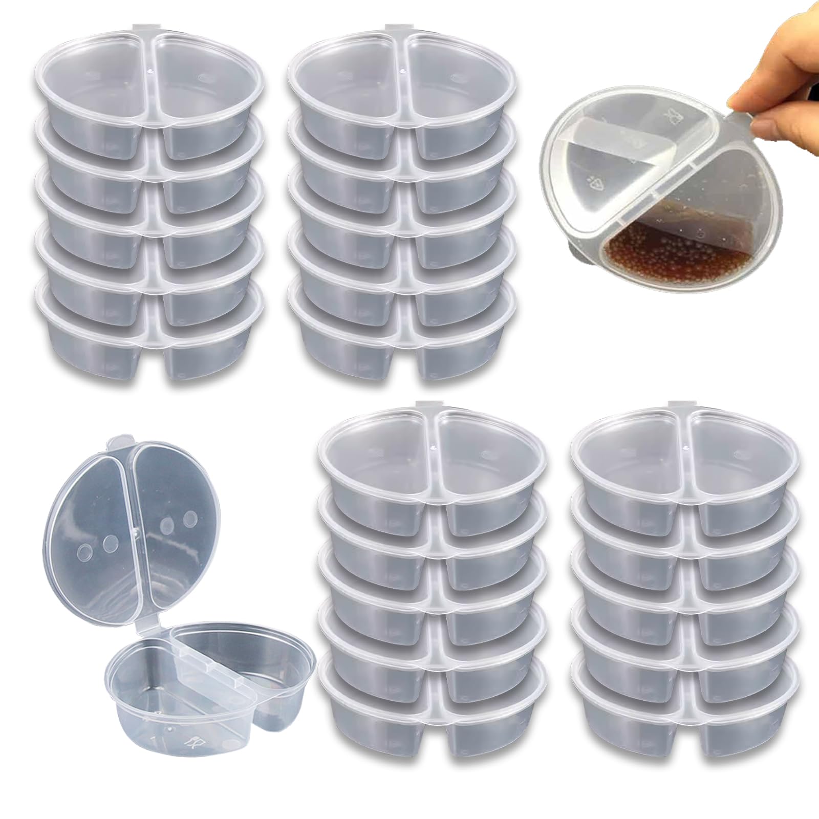 Double Condiment Containers with Lids, Double Compartment Condiment Container, Disposable Containers Double Compartment Snack Containers for to-go Sauce, Sampling, Travel Snack (Style B, 50PCS)
