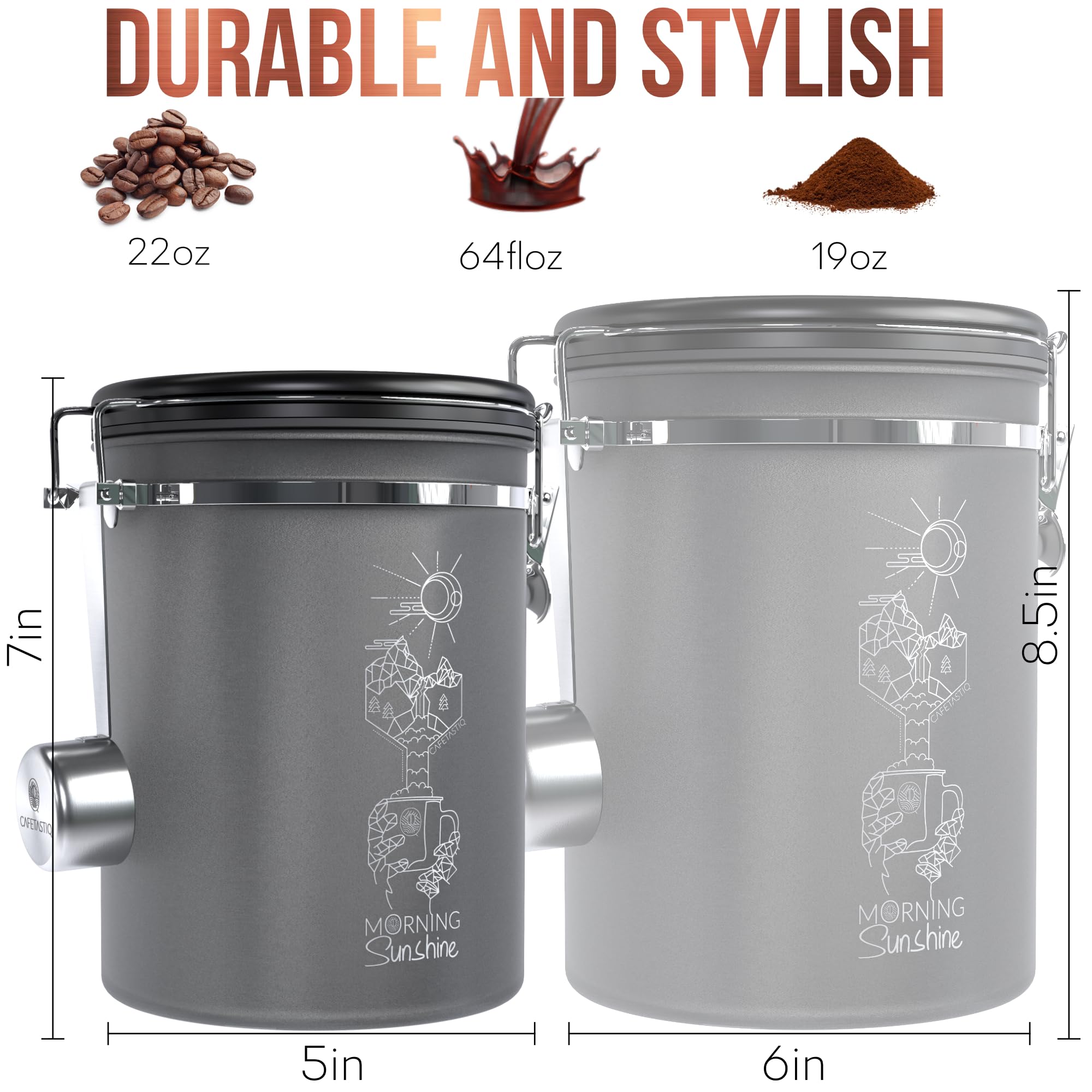 CafetastiQ 38oz / 22oz Coffee Canister β Airtight Stainless Steel Storage Container with Date Tracker & Scoop, Sealed Jar for Grounds, Beans, Tea, Flour, Cereal, and Sugar (Gray Home, 22OZ)
