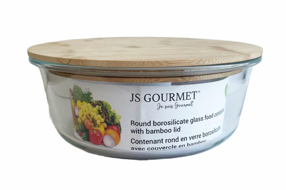 JS Gourmet 2 Pcs Round Glass Food Storage Containers 43.9oz (1300 ml), Airtight, Leakproof Bamboo Lid, Meal Prep Container Set - Microwave and Refrigerator Safe