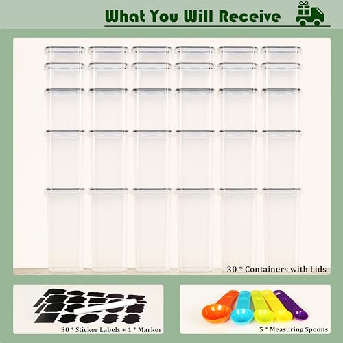 30 Pack Food Storage Containers with Lids Airtight, Kitchen Pantry Organizers and Storage for Cereal Flour Sugar Pasta Snacks, Clear Plastic BPA Free Dry Food Canisters with Labels & Measuring Spoons