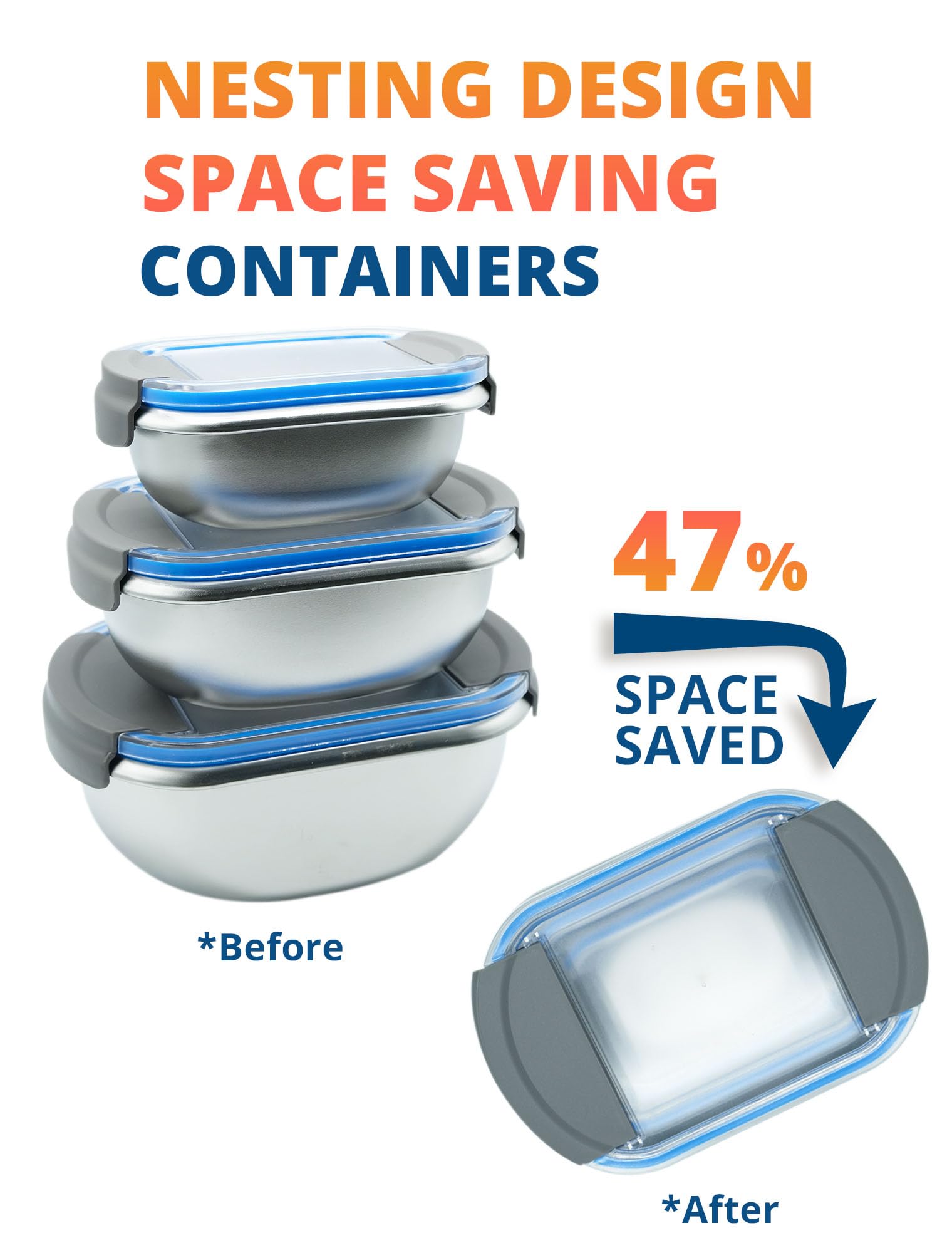 Lunememo Nest Stainless Steel Food Storage Containers, Airtight Metal Lunch Box Set with Lockable Leakproof Lids, BPA Free, 6-Piece