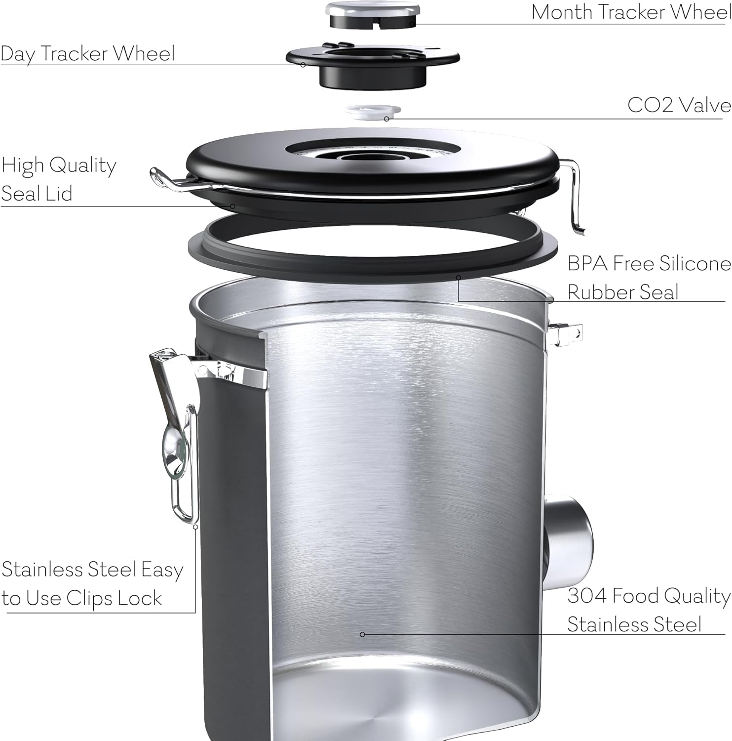 CafetastiQ 38oz / 22oz Coffee Canister β Airtight Stainless Steel Storage Container with Date Tracker & Scoop, Sealed Jar for Grounds, Beans, Tea, Flour, Cereal, and Sugar (Gray Home, 22OZ)