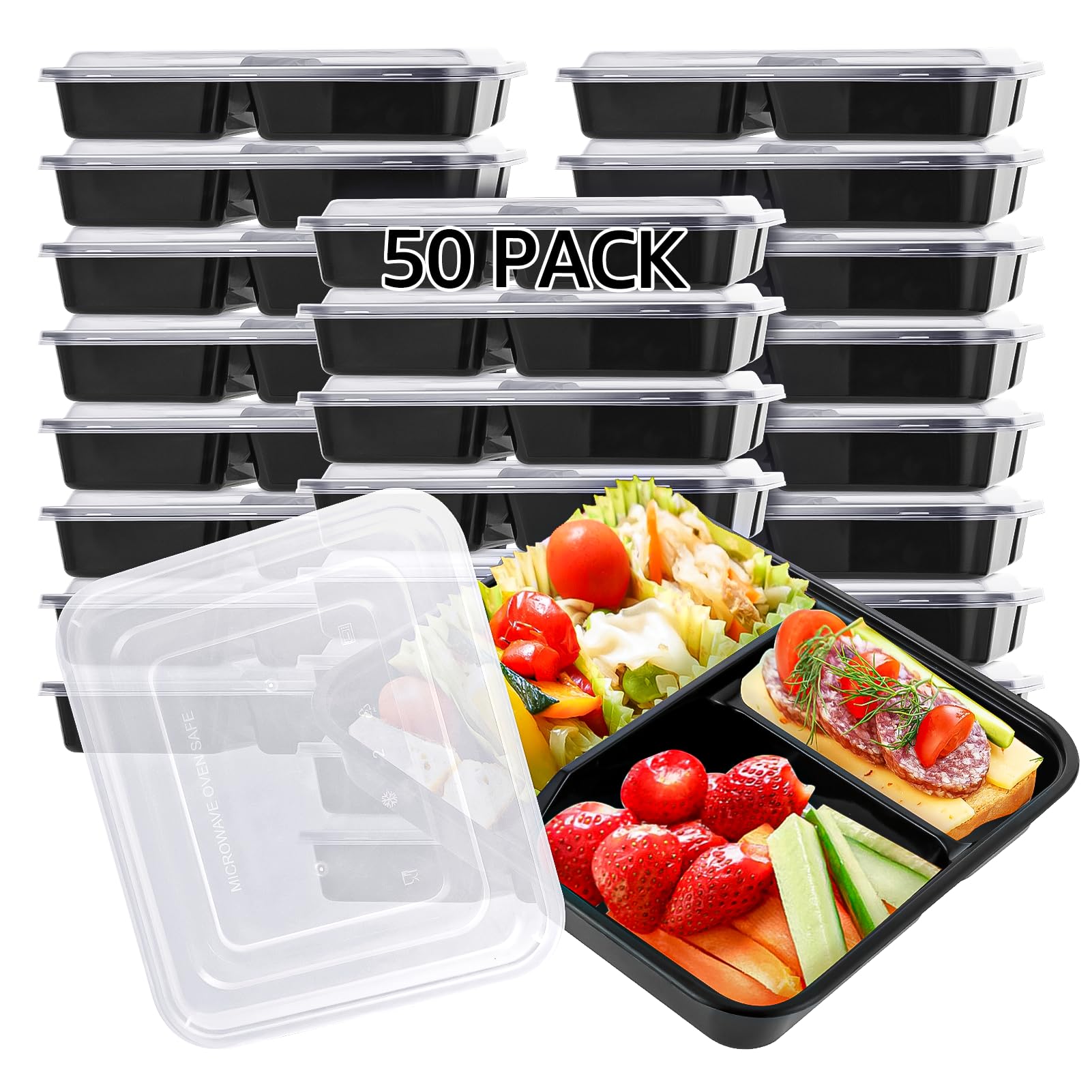 50 PACK, 32 oz. Meal Prep 3 Compartment Containers, Extra Large & Thick Food Storage Containers with Lids - BPA Free Stackable Microwavable & Dishwasher Safe, Travel, To Go, Bento Box, Black