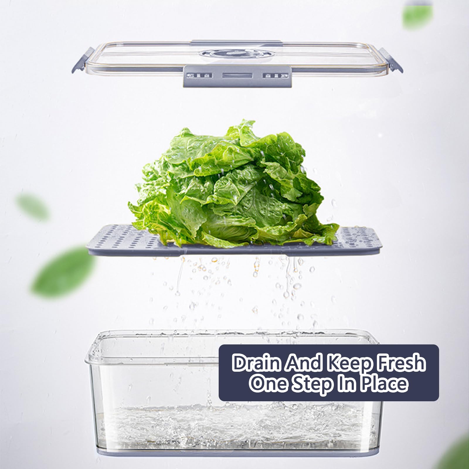 Dafape Refrigerator Organizer, Food Storage Container with Freshness Timer Lid Drain Tray Storage Bins for Fruits Vegetable Meat Dumpling Kitchen Fridge Plastic Reusable Stackable Non-Slip (Gray)