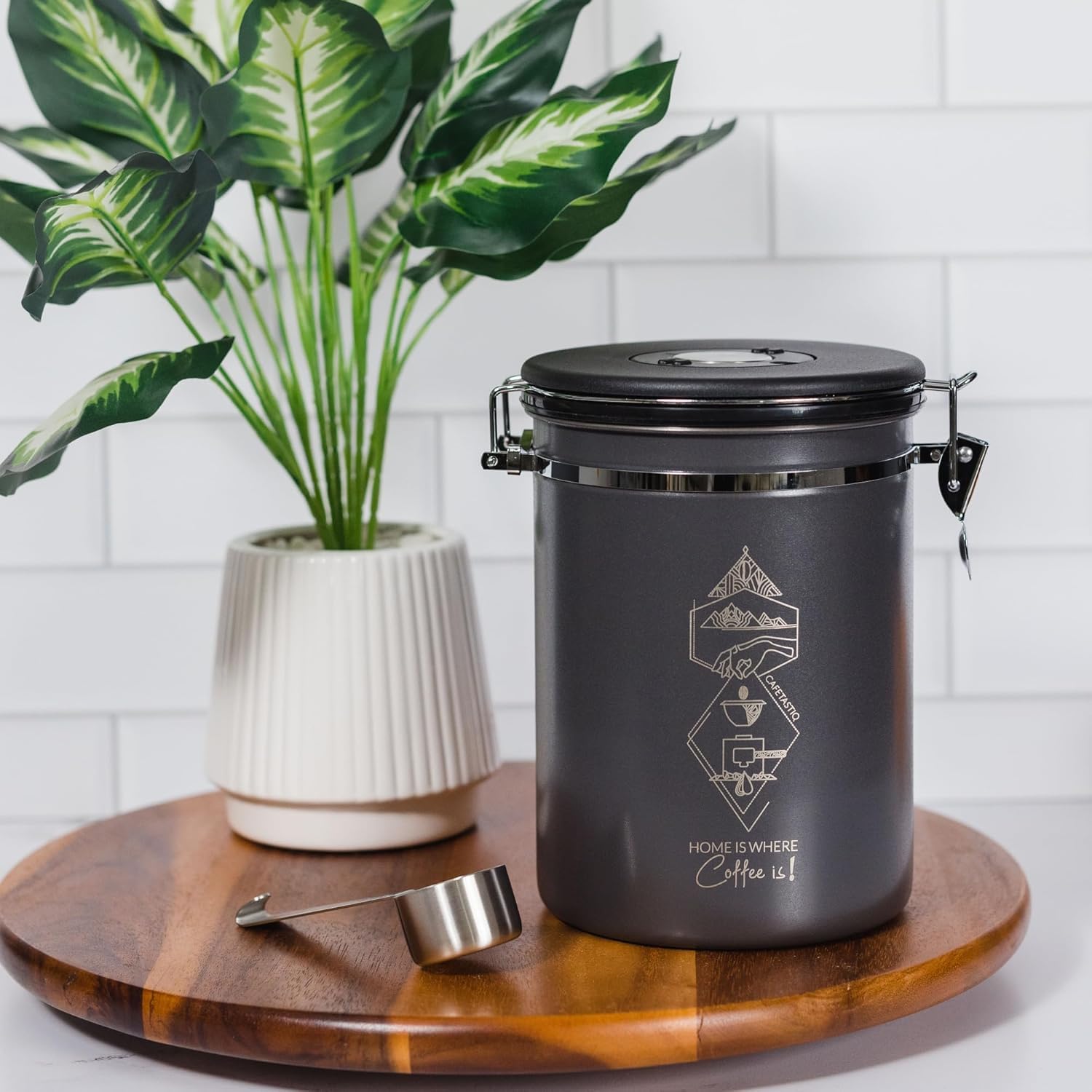 CafetastiQ 38oz / 22oz Coffee Canister β Airtight Stainless Steel Storage Container with Date Tracker & Scoop, Sealed Jar for Grounds, Beans, Tea, Flour, Cereal, and Sugar (Gray Home, 22OZ)