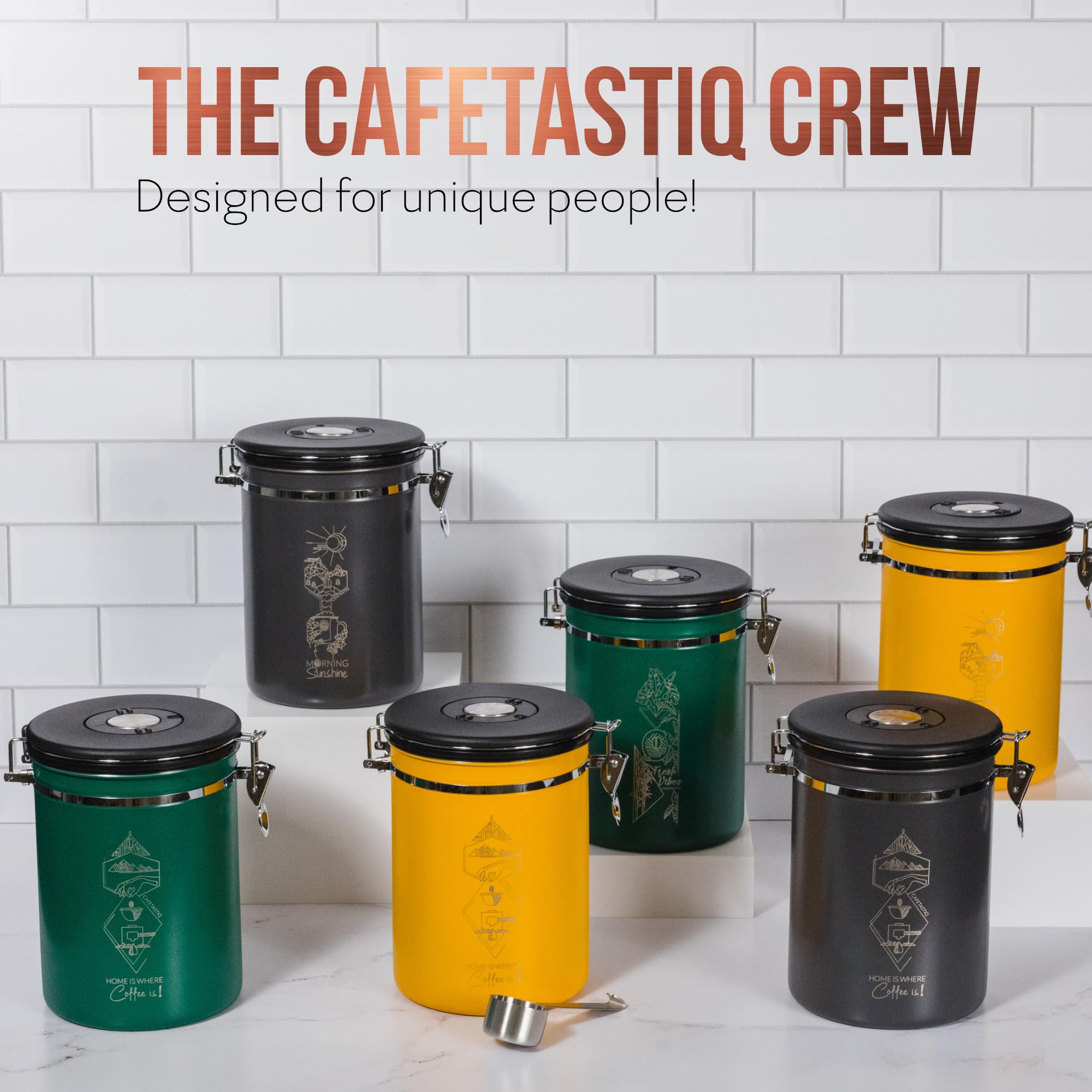 CafetastiQ 38oz / 22oz Coffee Canister β Airtight Stainless Steel Storage Container with Date Tracker & Scoop, Sealed Jar for Grounds, Beans, Tea, Flour, Cereal, and Sugar (Gray Home, 22OZ)