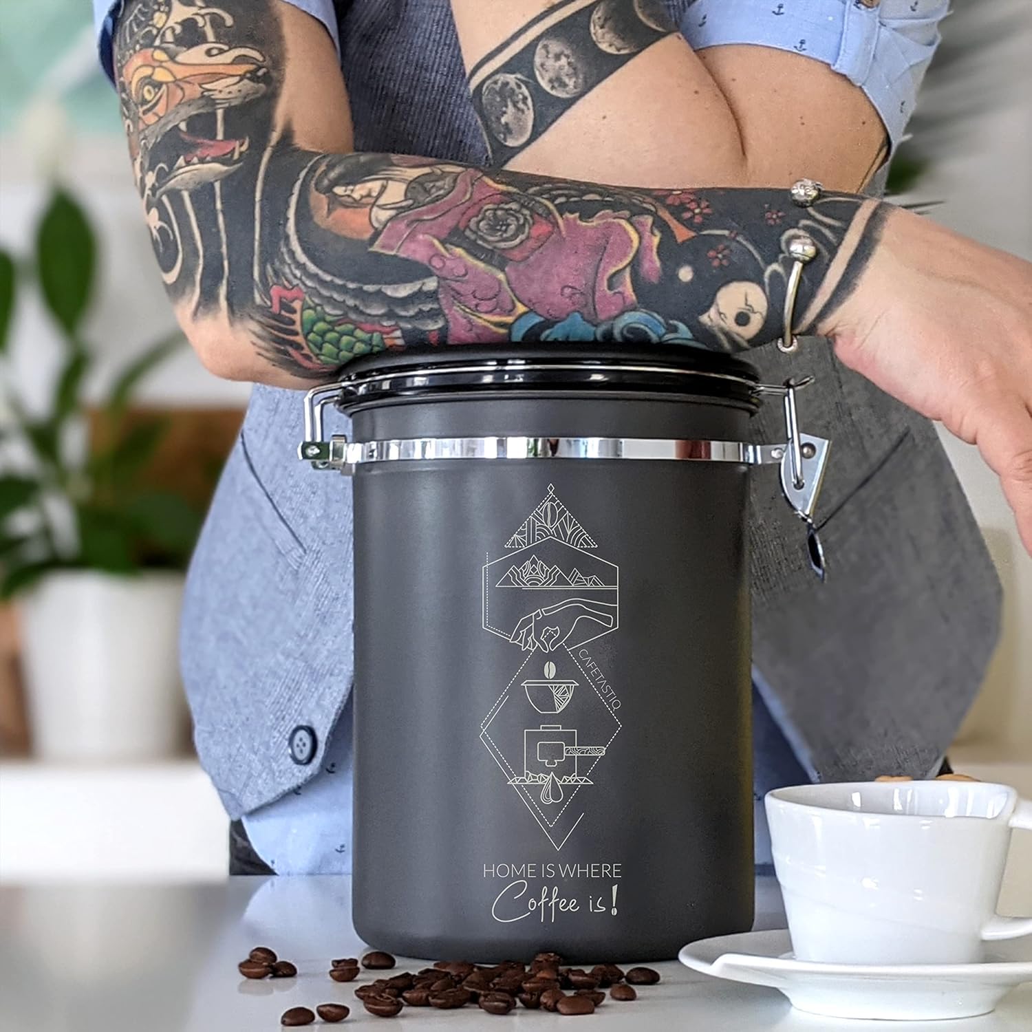 CafetastiQ 38oz / 22oz Coffee Canister β Airtight Stainless Steel Storage Container with Date Tracker & Scoop, Sealed Jar for Grounds, Beans, Tea, Flour, Cereal, and Sugar (Gray Home, 22OZ)