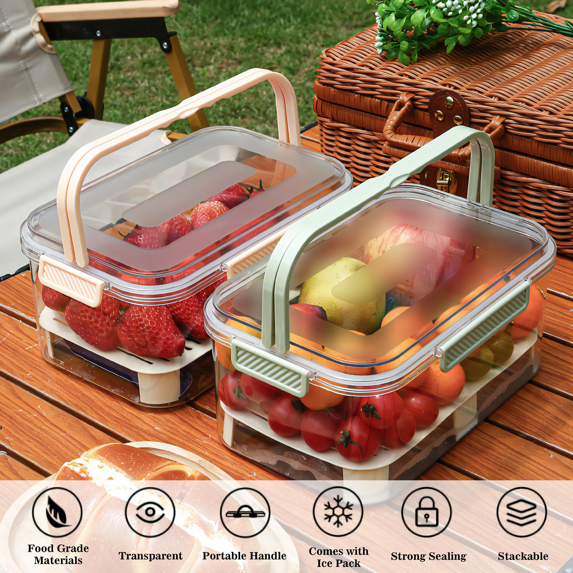 Ice Chilled Snackle Box Container with Ice Pack Portable Cooler Box with Lids & Handle for Camping Picnic Airtight Fruit Storage Containers for Fridge Berry Fresh Keeper for Meal Veggie Snack,Coffee
