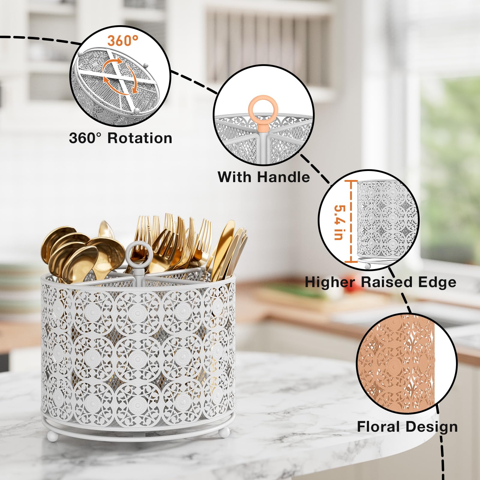 YIUKEA Rotating Utensil Caddy Holder - Higher Raised Cutlery Caddy Countertop - Metal Silverware Caddy Organizer with 4 Compartment for Kitchen Counter Party Office white